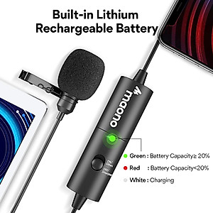 Lavalier Microphone Rechargeable, MAONO Omnidirectional Condenser Clip on Lapel Mic with LED Indicator for Podcasting, Recording, ASMR, Compatible with iPhone, Android, Smartphone, Camera, PC, AU-100R