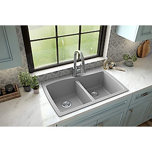 Karran QT-720 Drop-In Quartz Composite 34 in. 1-Hole 50/50 Double Bowl Kitchen Sink in Grey