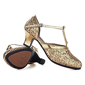 DKZSYIM Women's Latin Dance Shoes Ballroom Performance Dance Shoes Model KM838, Gold, 9 B(M) US