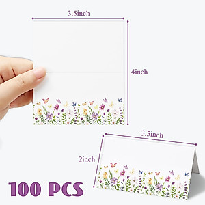 Whaline 100Pcs Floral Place Cards 3.5 x 2 Inch Wildflower Butterfly Tented Cards Seating Cards Blank Table Name Signs for Spring Holiday Buffet Party Table Setting Supplies
