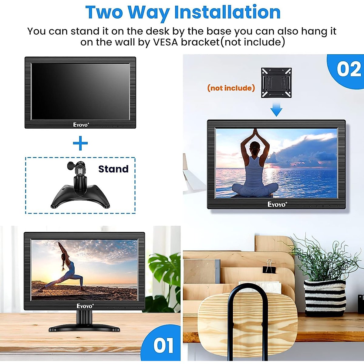 Eyoyo 12" Inch TFT LCD Monitor with AV HDMI BNC VGA Input 1366x768 Portable Mini HD Color Screen Display with Built-in Speaker