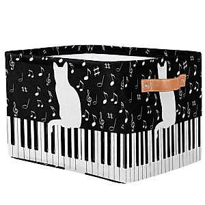 Funky Qiu Storage Basket Cube Music Note Cat Piano Large Toys Storage Box Bin with Handle Collapsible Closet Shelf Cloth Organizer for Nursery Bedroom,15x11x9.5 in,1 Pack