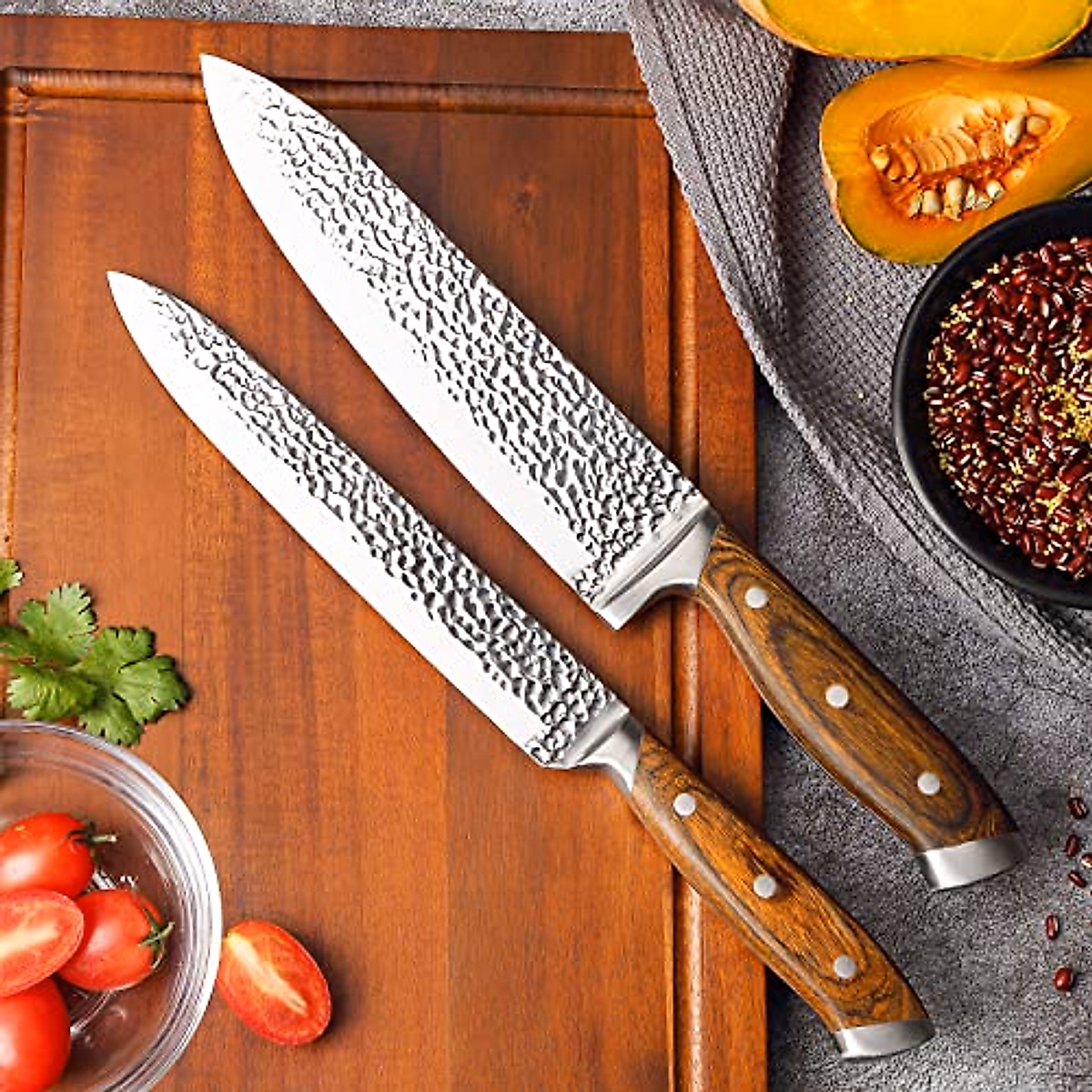 Knife Set, Karcu 15-Piece Hammer Kitchen Knife Block Sets with Sharpener German Steel, Rotating Acacia Block