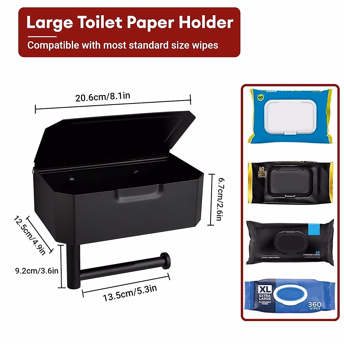 Beruyu Toilet Paper Holder with Shelf, Flushable Wipes Dispenser for Bathroom Wipe Storage, Stainless Steel Toilet Paper Holder Wall Mount, Self-Adhesive or Drilling, Matte Black