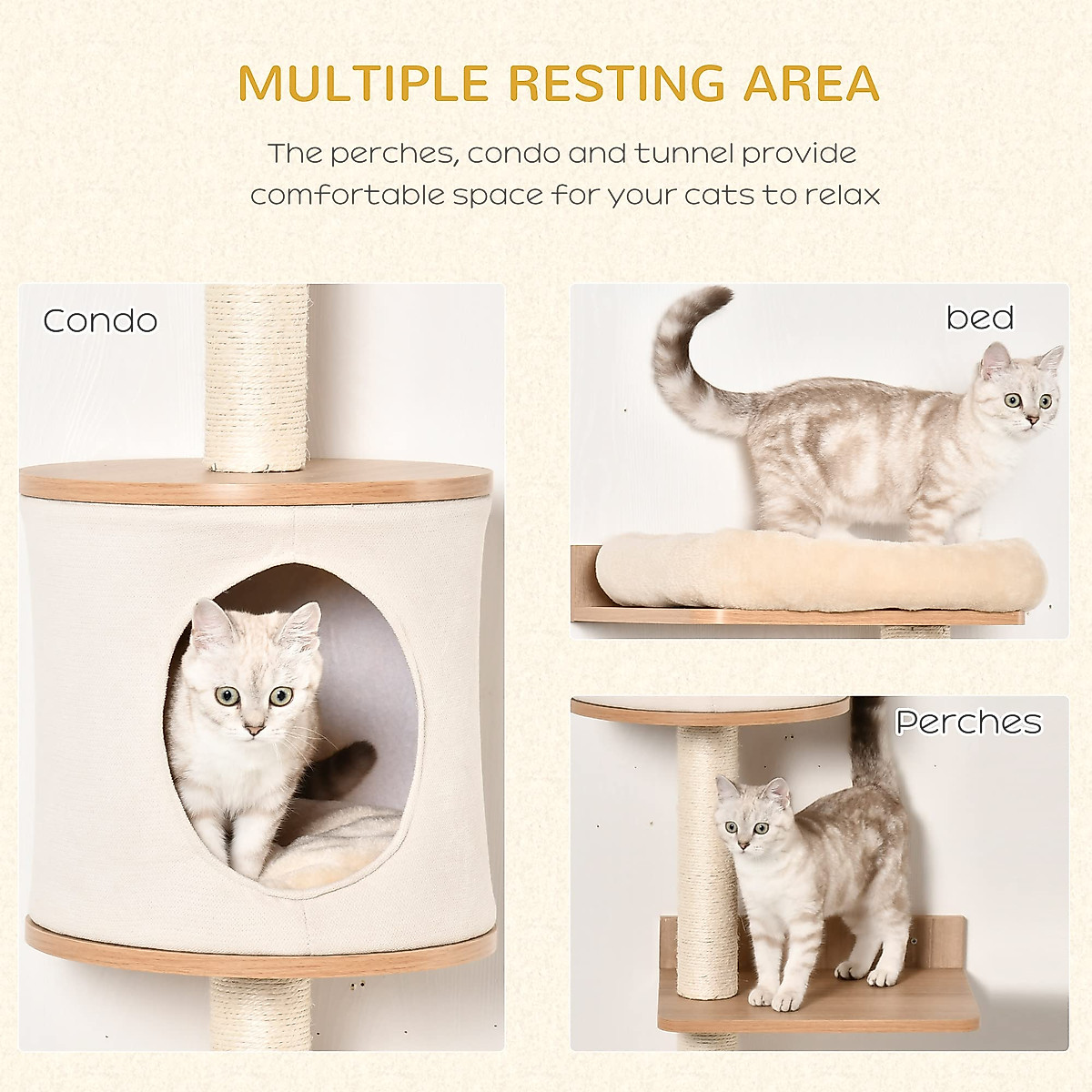 PawHut 4-Level Wall-Mounted Cat Tree Activity Tower, Wall Cat Shelves with Sisal Rope Scratching Posts, Cat Condo and Bed, Light Brown
