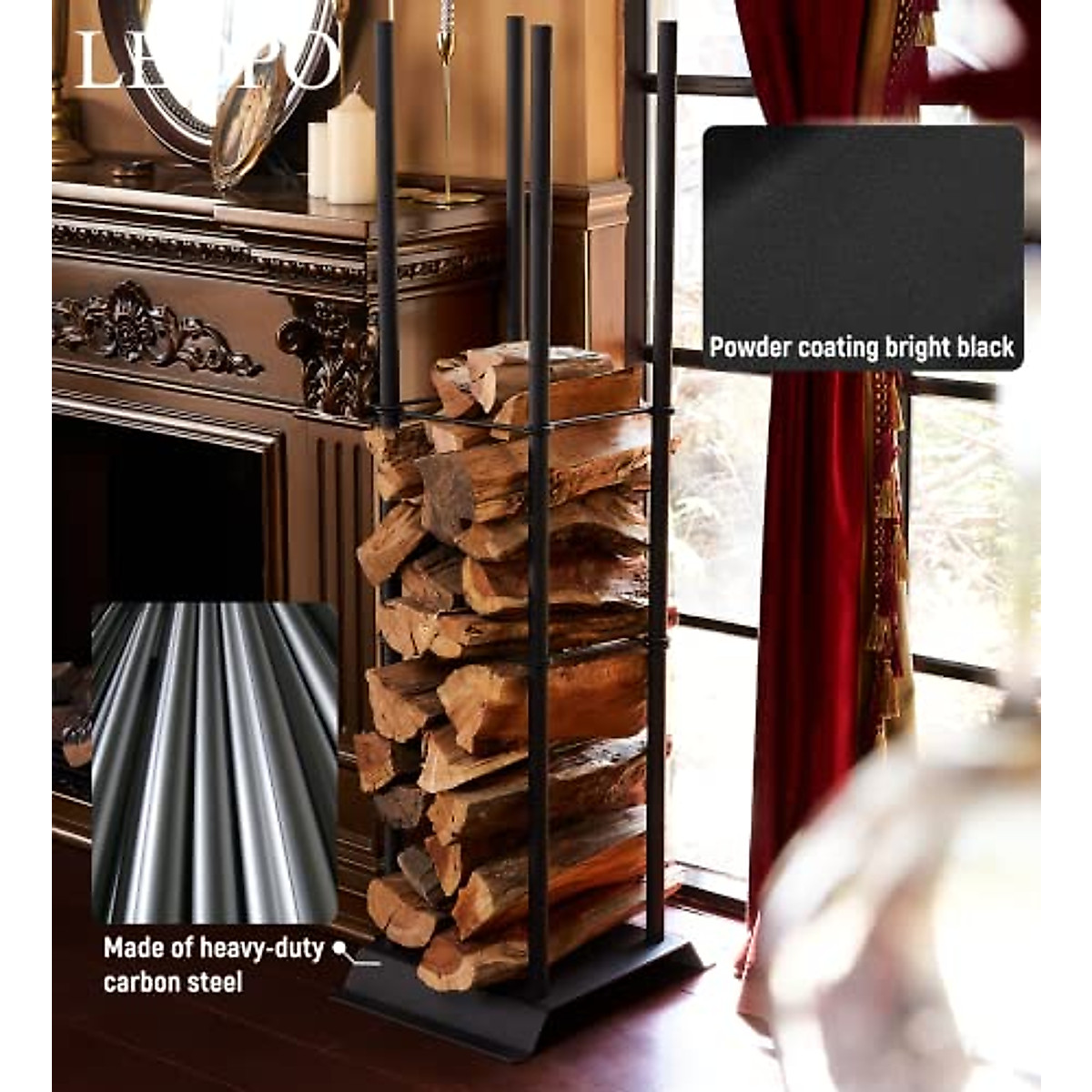 LEOPO Industrial Fireplace Log Holder Tower, Frame Indoor Outdoor Log Holder, Heavy Duty Wood Rack for Firewood