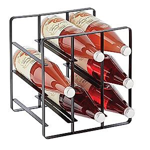 mDesign Metal Farmhouse Free-Standing Water Bottle and Wine Rack Storage Organizer for Kitchen Countertops, Pantry, Fridge - 3 Tiers, Holds 9 Bottles - Black