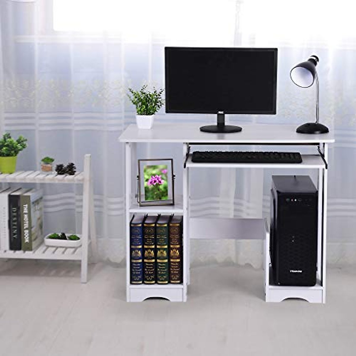 Desktop Home Computer Desk, Modern Minimalist Office Desks Creative Writing Study PC Laptop Table Multipurpose Workstation with Keyboard Tray, Drawer & Shelves for Small Spaces (US Direct, White)