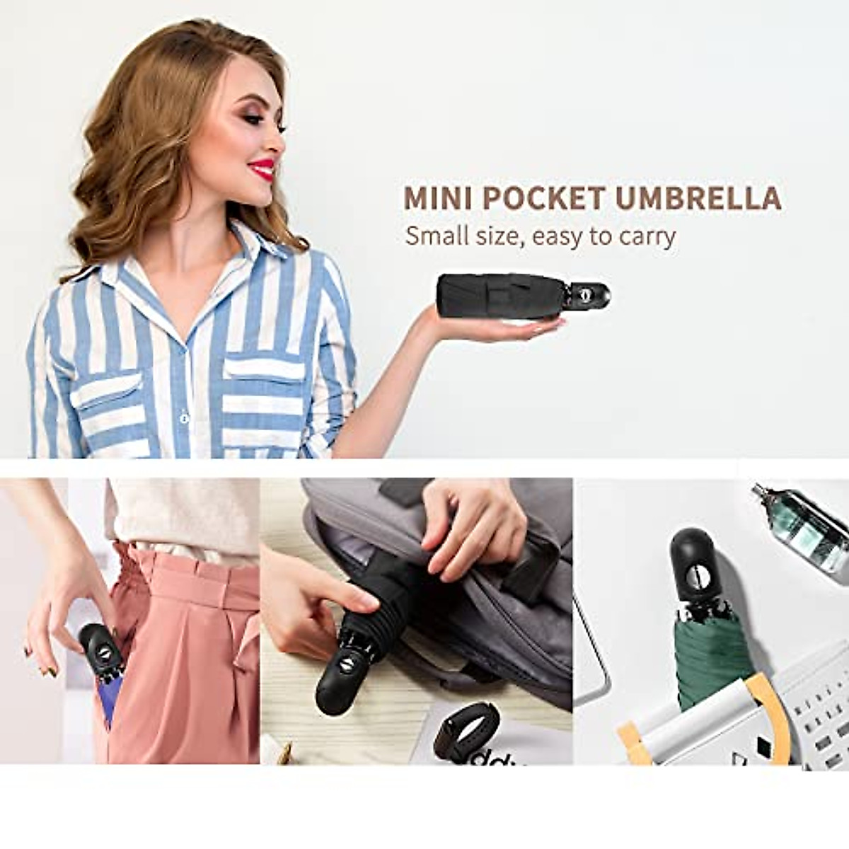 SIEPASA Automatic Travel Compact Umbrella-Small Folding Compact Travel Umbrellas for Rain, Lightweight Small Portable Umbrella, Small Sun & Rain Windproof Umbrella, Gifts for Girls Women Tennagers.(Black)