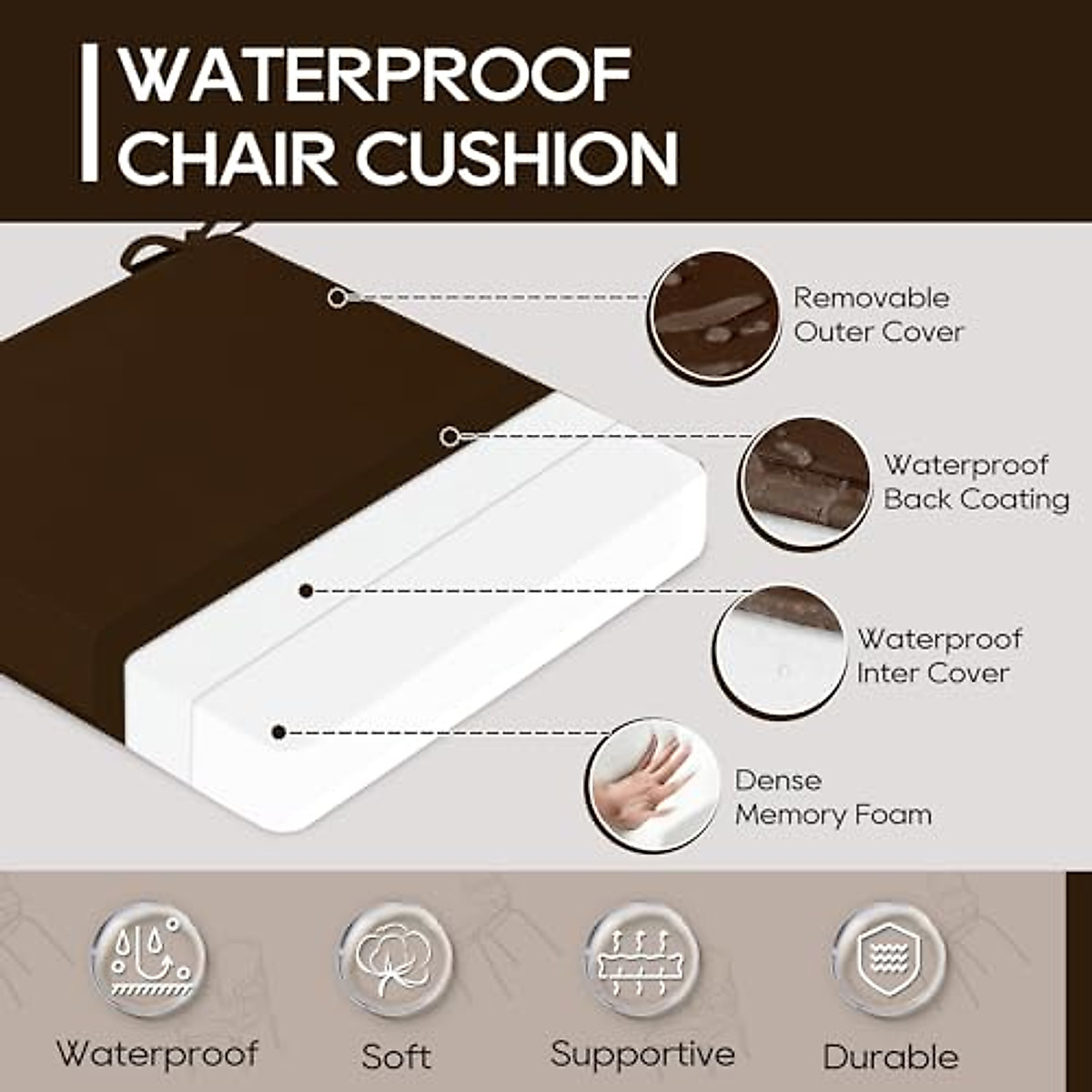 LOVTEX 19x19 Outdoor Chair Cushions Set of 2, Waterproof Patio Cushions for Outdoor Furniture with Removable Cover, Thick Outdoor Seat Cushions for Chairs with Straps and Portable Handle(Brown)
