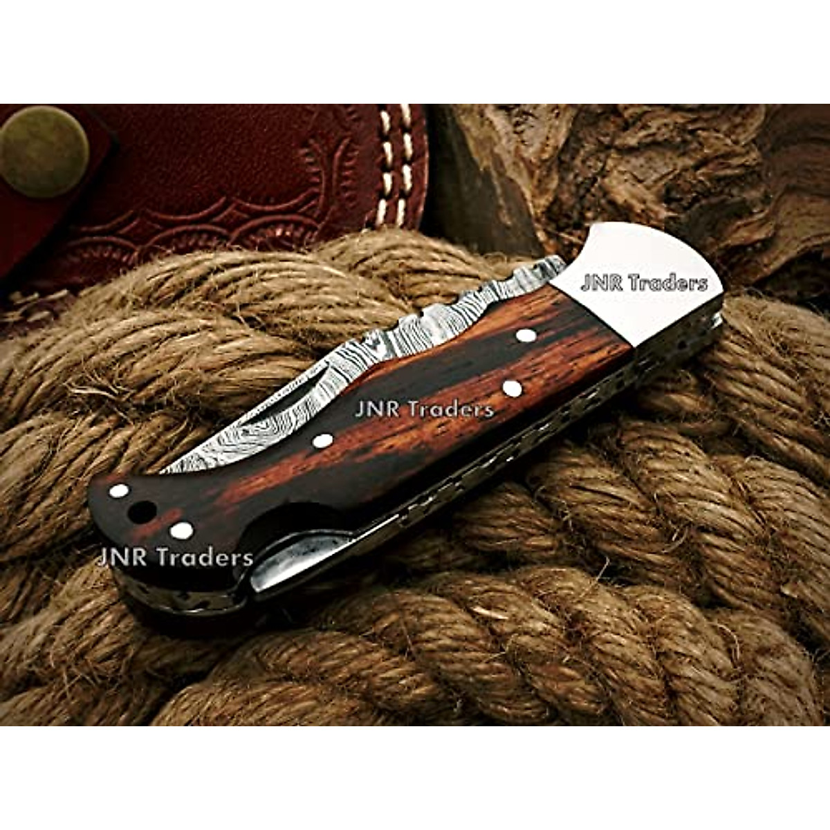 JNR TRADERS Damascus Pocket Knife with Sheath, Folding Knife, Handmade Small Folding Pocket Knife with Sheath, Wood Handle 2397