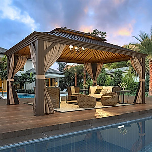 EROMMY 12'x16' Hardtop Gazebo Galvanized Steel Outdoor Aluminum Double Roof Canopy with Netting and Shaded Curtains Permanent Metal Pavilion for Patio, Backyard and Deck