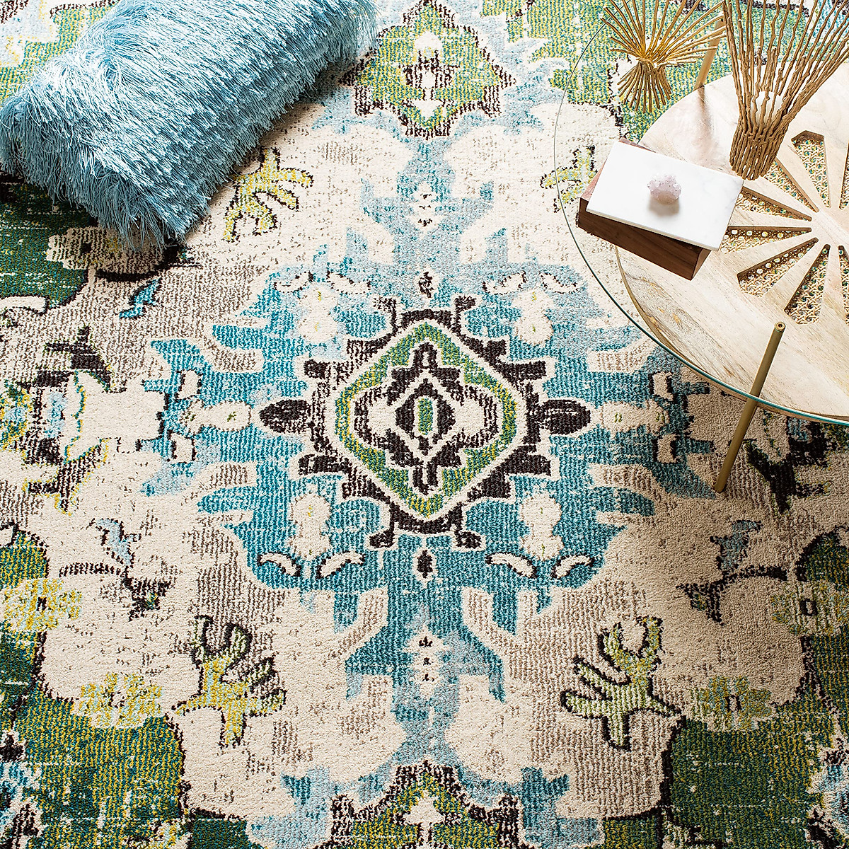 SAFAVIEH Monaco Collection Area Rug - 9' x 12', Forest Green & Light Blue, Boho Medallion Distressed Design, Non-Shedding & Easy Care, Ideal for High Traffic Areas in Living Room, Bedroom (MNC243F)