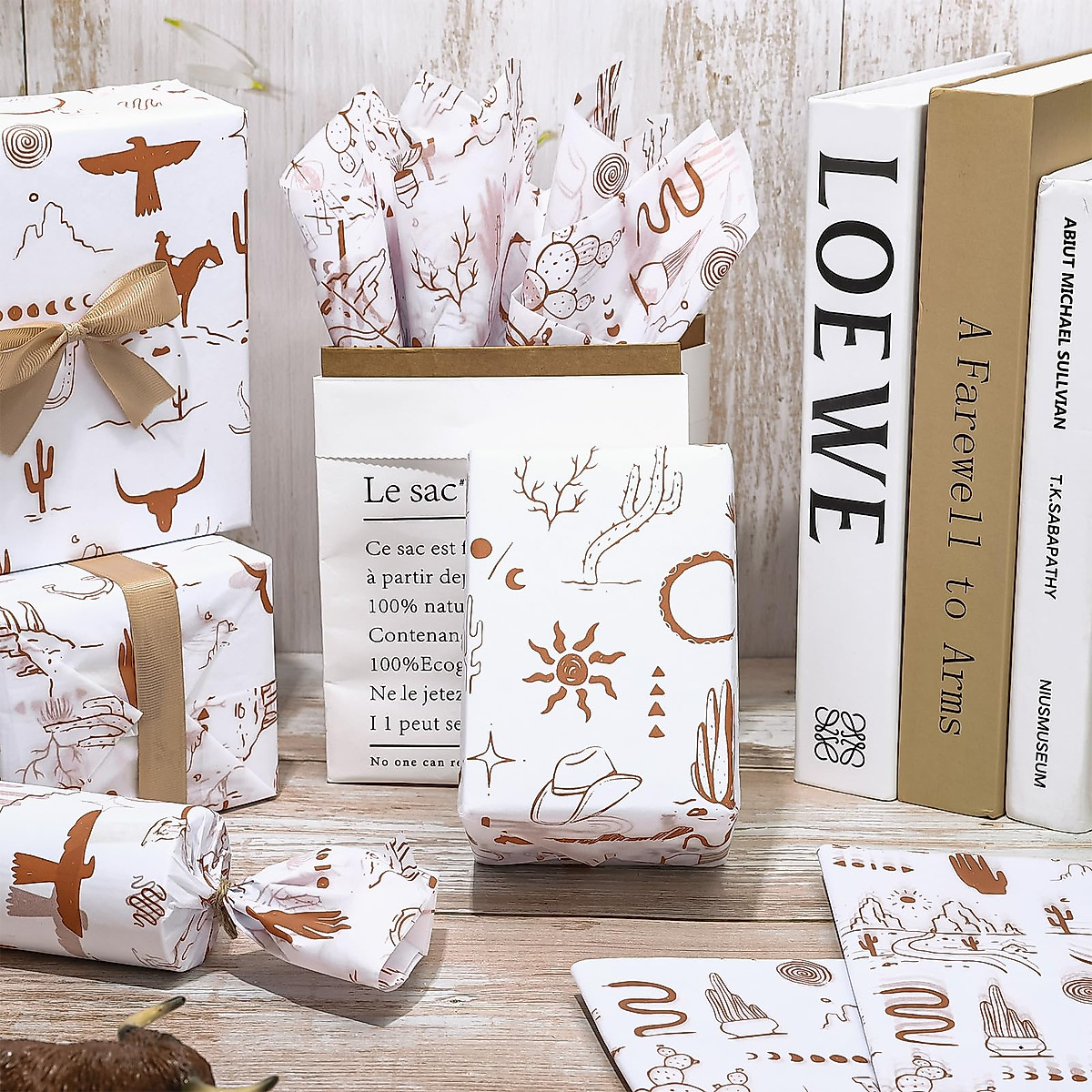 JarThenaAMCS 100 Sheets Western Cowboy Tissue Paper Wild West Rodeo Gift Wrapping Paper Brown DIY Art Craft Tissue for Birthday Holiday Cowgirl Party Decor Supplies, 13.7 x 19.6 Inch