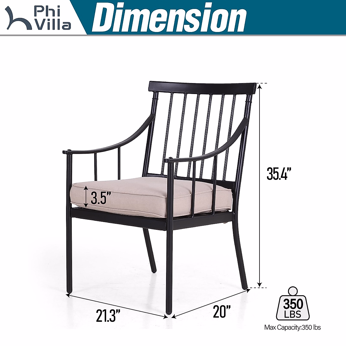 PHI VILLA Outdoor Metal Dining Chairs with Cushion, 300lbs Black Heavy Duty Weatherproof Chairs for Patio, Deck, Yard - Set of 4