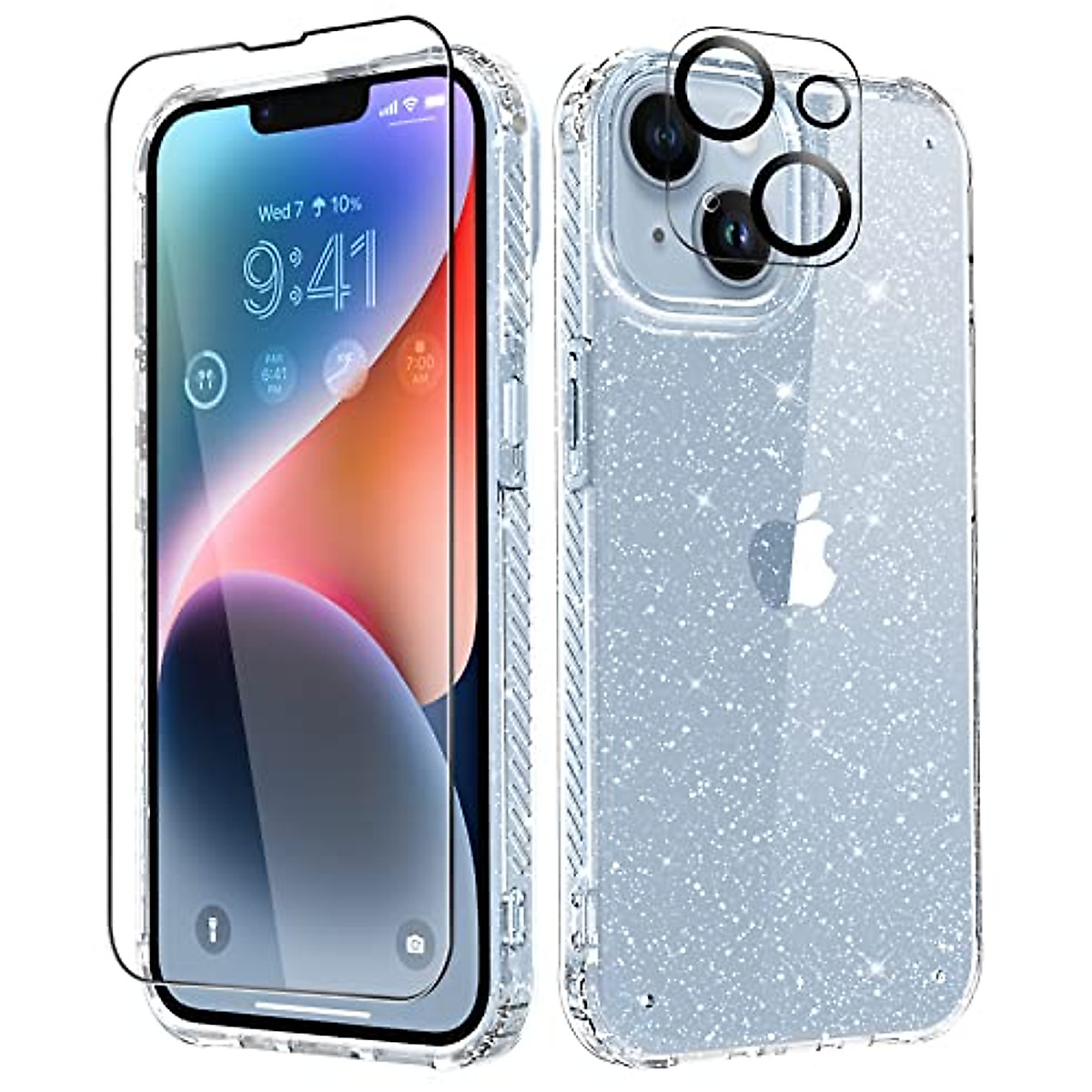 MIODIK iPhone 14 Plus Case with Screen Protector + Camera Lens Protector, [Non-Yellowing] Clear Glitter Protective Shockproof Phone Case for Women Girls, 6.7 Inch - Sparkle Clear