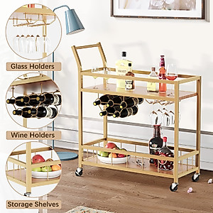 JUMMICO Bar Cart Industrial Home Mobile Wine Cart Serving Bar Cart on Wheels with Storage Shelves Wine Rack and Glass Holder for Living Room, Kitchen, Corridor, Hallway,Gold