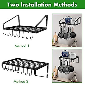 Felibeaco Hanging Pot Rack,Wall-Mounted Pots and Pans Organizer Rack with 8 Removable Hooks, Kitchen Wall Organizer Storage Shelf for Pan Set, Utensils, Cookware, Books, Household 2 DIY Methods,Black