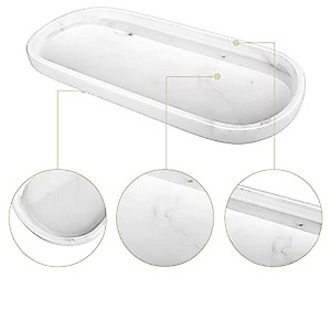Emibele Bathroom Vanity Tray, 10" Oval Storage Tray for Dresser Toilet Tank Kitchen Sink Countertop Organizer, Resin Jewelry Ring Dish Cosmetic Decor Tray for Perfume Candle Soap Shampoo, Marble White