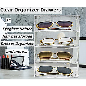 Fordonral Clear Plastic Sunglass Organizer, Transparent Glasses Holder 4 Storage Drawers, Sunglass Case Glasses Display Stand, Acrylic Organizers for Organizing Eyeglass, Hair Ties, Accessories