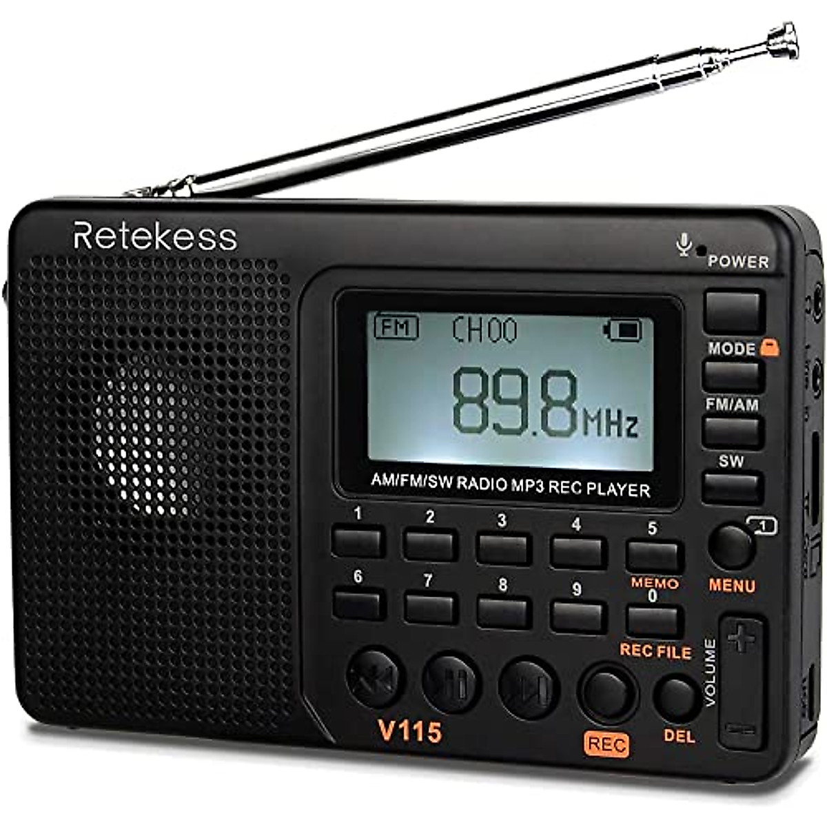 Retekess V115 Digital Radio AM FM, Portable Shortwave Radios, Rechargeable Radio Digital Tuner and Presets, Support Micro SD and AUX Record, Bass Speaker