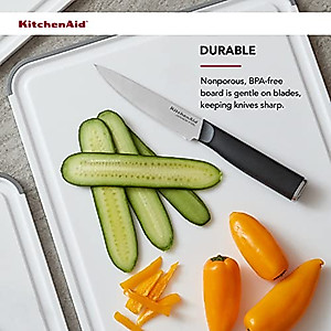 KitchenAid Classic Plastic Cutting Board with Perimeter Trench and Non Slip Edges, Dishwasher Safe, 11 inch x 14 inch, White and Gray
