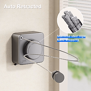 MUSTORN Retractable Clothesline Indoor, Non-Sagging Outdoor Clothes Line Retracting Heavy Duty Clothes Drying Laundry Line Wall Mounted Stainless Steel Line-15.1 Feets（Square-Grey）