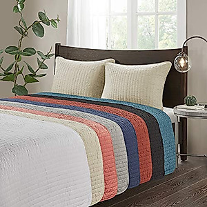 Madison Park Keaton Quilt Set-Casual Channel Stitching Design All Season, Lightweight Coverlet Bedspread Bedding, Shams, Full/Queen(90"x90"), Stripe Spice 3 Piece
