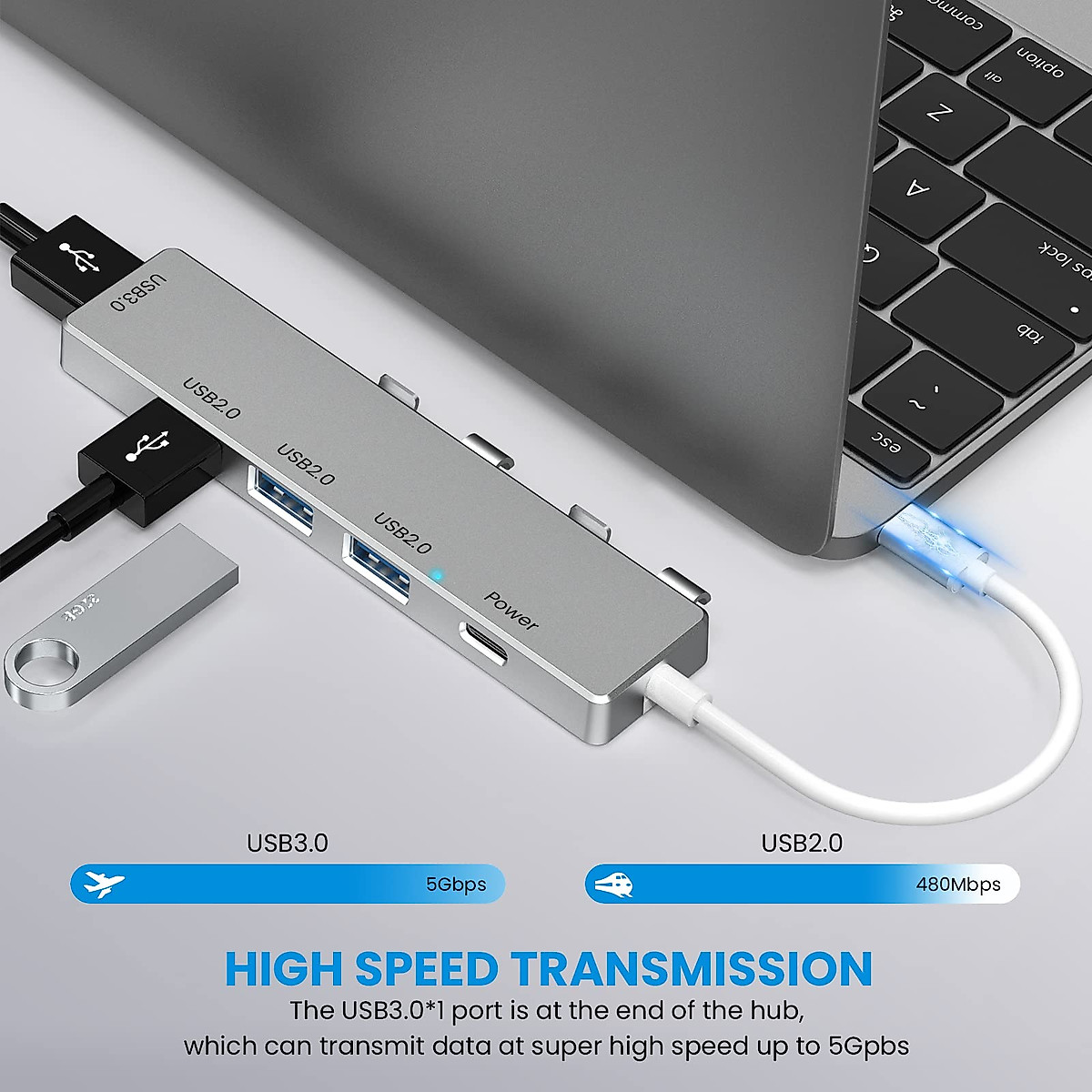 3.0 USB C Hub, Slim Aluminium Alloy High-Speed External USB Port with USB-C to USB Adapter, USB Extender Splitter Compatible with Computer, Mac, PCs, Smartphone, and Tablet