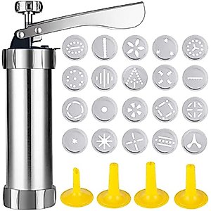 Cookie Press Kit with 20 Discs | Small Biscuit Maker Hand Press and Stamps for Cookies | 4 Icing Tips for Cake Decorating with Aluminum Cookie Gun
