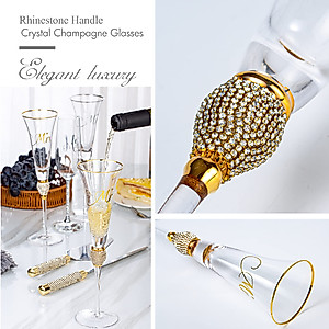 VARLKA Wedding Champagne Flutes and Cake knife Server Set Mr and Mrs Champagne Glasses Cake Cutting set for Wedding 7Oz Crystal Bride and Groom Toasting Flutes Engagement Gift Wedding Gift