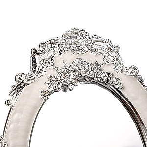 JUXYES Small Tabletop Dressing Mirror Vintage Metal Desktop Mirror with Stand, Antique Embossed Roses Countertop Makeup Mirror Retro Oval Cosmetic Decorative Mirrors for Table Centerpieces