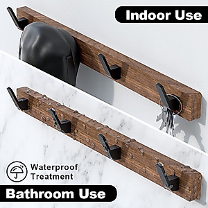 IURRDOP Black Walnut Wood Wall Mount Coat Rack with 4 Hooks, Adhesive Mounted Rustic Decorative Entryway Hooks, Mid Century Modern Natural Wooden Pegs for Hanging Coat Clothes Hat Bag Purse and Towel