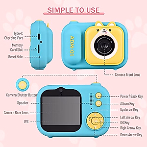 Andoer 1080P Kids Digital Camera Mini Video Camera for Kids 48MP 2.4 Inch IPS Screen Dual Lens Built-in Battery with 32GB Memory Card & Card Reader & Desktop Tripod Birthday Blue