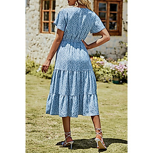 PRETTYGARDEN Women's Floral Boho Dress Casual Short Sleeve V Neck Ruffle Tiered Summer Swing Maxi Dresses(Blue,Medium)