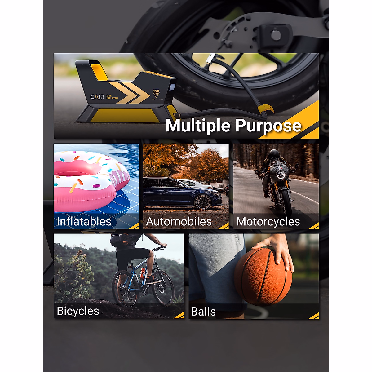 CAIR Tire Inflator Portable Air Compressor, 12V DC Small Air Pump for Car Tires - Car Accessories, 150PSI Smart Digital Pressure Gauge, LED Light for Motorcycle, Bike, Ball and Inflatables