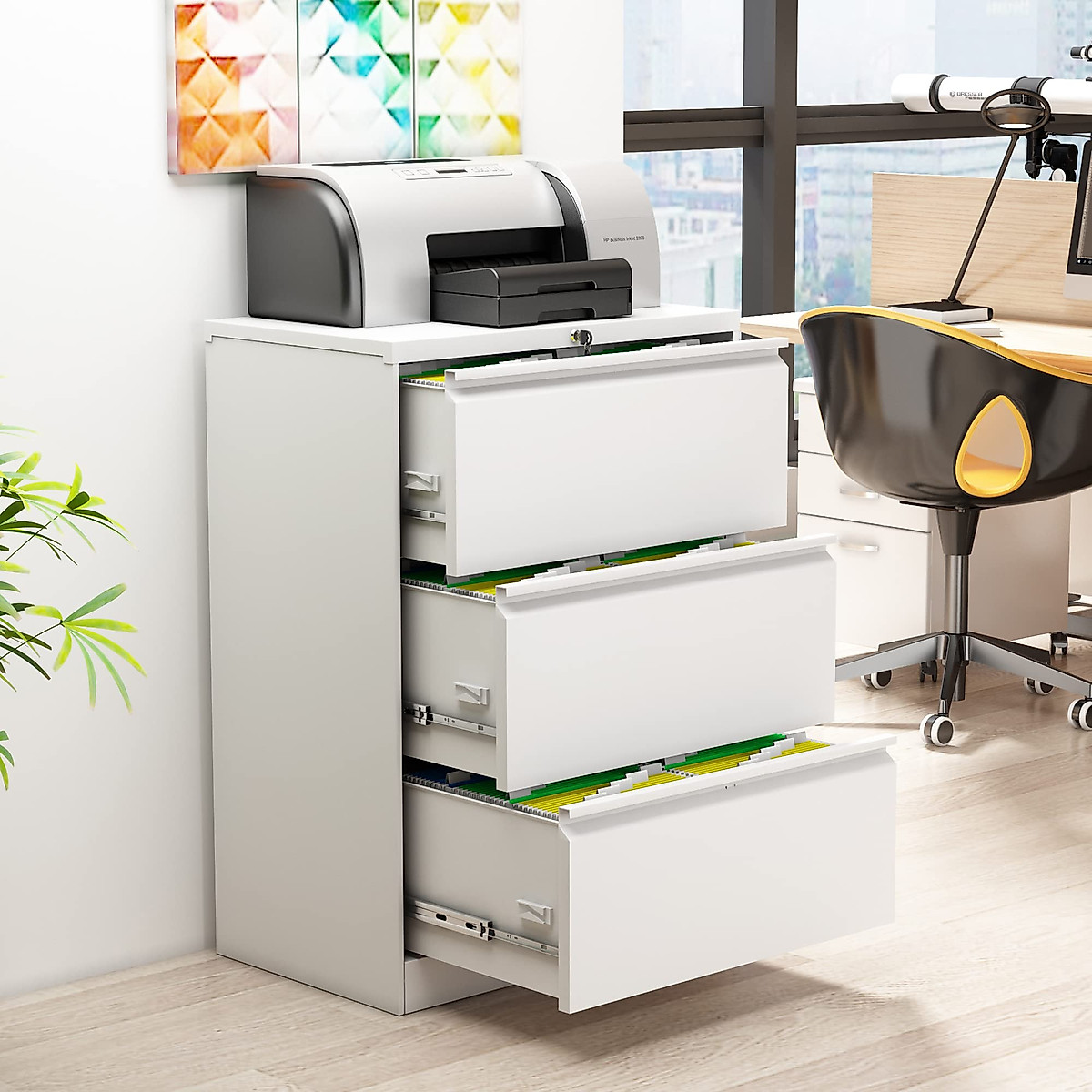 Aobabo 3 Drawer Lateral Steel File Organizing Cabinet with Locking System and Adjustable Hanging Bars for Letter/Legal Size Paper, White