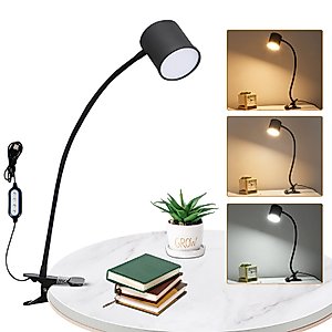 AKOGIRSE Clip on Light, Eye-Caring 8W USB Desk Lamp 48 LED Reading Lights for Bed, Modern Metal Clamp Light for Headboard, 360°Flexible Gooseneck, 3 Color Modes & 10 Brightness Dimmer Memory Lamps