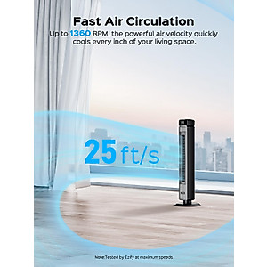 Ezify Tower Fan for Bedroom 40 Inch, 25ft/s Velocity Floor Fan, 30dB Quiet Standing Fan, 90° Oscillating Fan, 6 Speeds, 4 Modes, 12H Timer, Cooling Fan with Remote for Home Living Room Office, Black