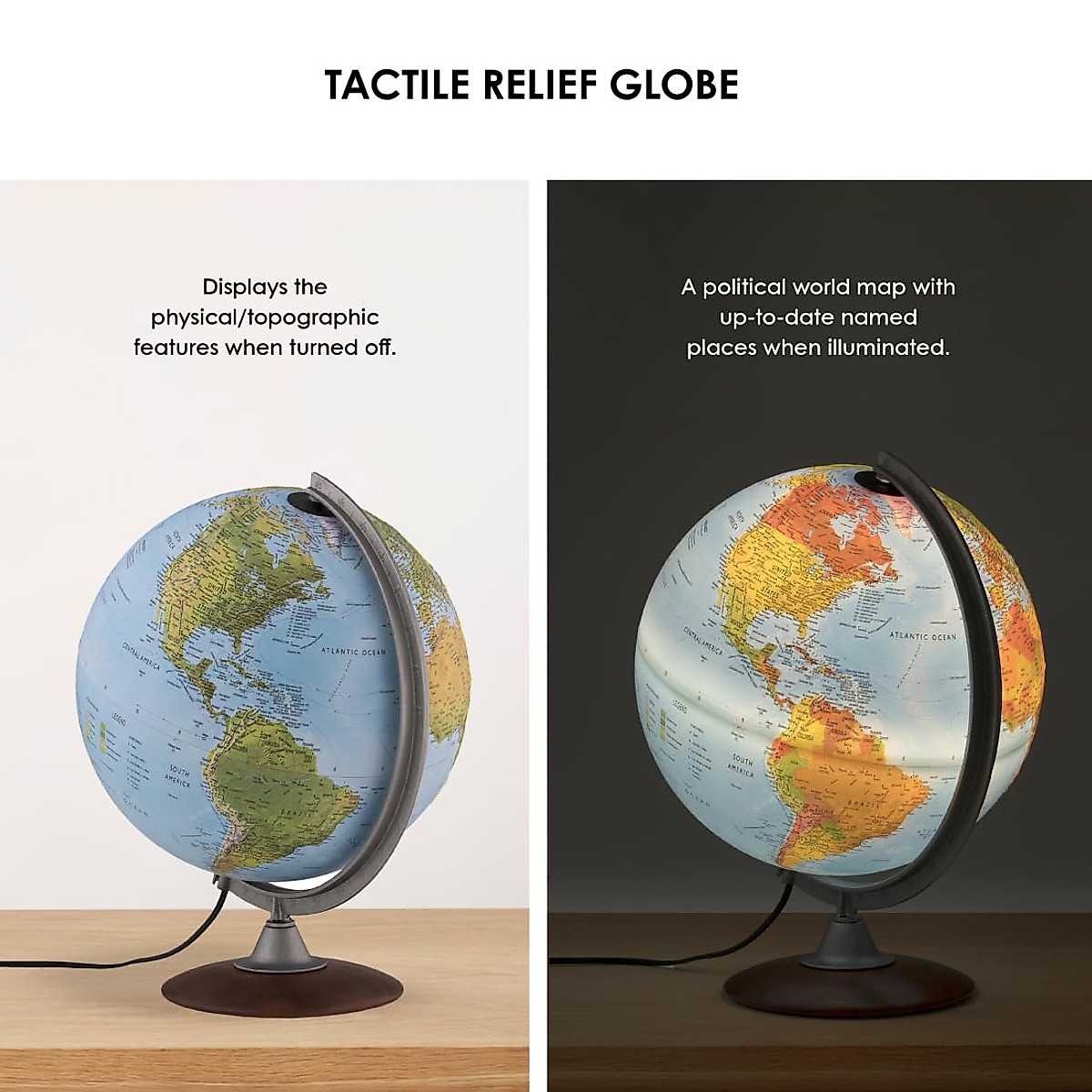 Waypoint Geographic Tactile Relief Globe, 12" Illuminated Blue Ocean-Style World Globe with Raised Relief, Up-to-Date Reference Globe, Decorative Globe for Home and Office Decor