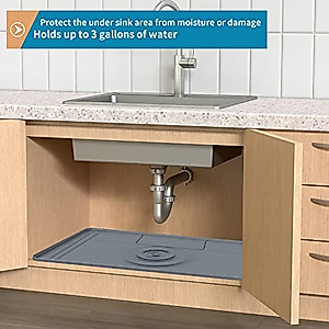 Sanbege Under Sink Mat Liner 34" x 22", Trimmable Kitchen Cabinet Protector Tray, Multipurpose Silicone Waterproof Mat for 36" Cabinet and Crafting, Pet Bowls, Floor Organization (Grey)