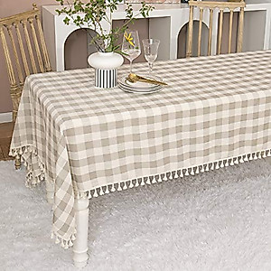Midsummer Breeze Farmhouse Checkered Square Tablecloth-Cotton Buffalo Plaid Tablecloth for Fall Winter Thanksgiving Christmas Kitchen Dining Restaurant Decor (55x55, Gray Khaki)