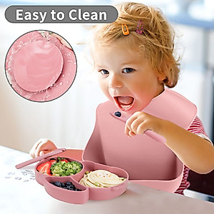 Frvesroe Baby Feeding Set, 6 Pcs Silicone Baby Led Weaning Supplies, Includes Rabbit Plate with Non-Slip Suction, Bib Bowl Cup Spoon and Fork, BPA Free for Self Feeding Kids & toddlers & Child (Pink)