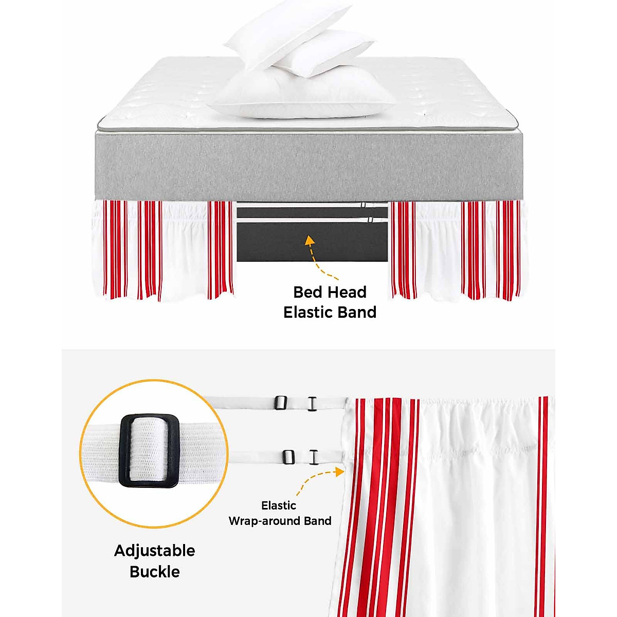 Stripes Red White Bed Skirt King Size 16 Inch Drop,Adjustable & Elastic Wrap Around Bed Skirts Pleated Luxury Dust Ruffles for Twin Full Queen Cal King Bed,Classic Casual Bohemian Geometric Art Decor