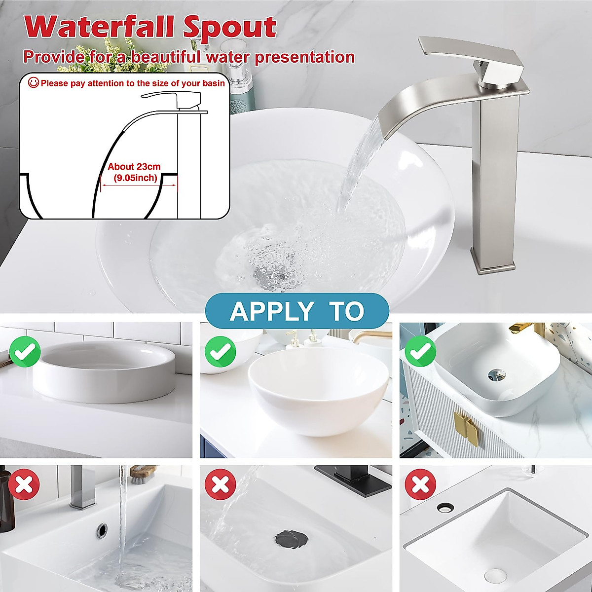 Midanya Bathroom Sink Faucet Waterfall Spout Single Handle 1 Hole Deck Mount Mixer Tap Lavatory Vanity Vessel Faucet Commercial with Pop Up Drain,Tall, Brushed Nickel