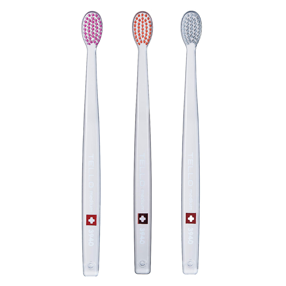 TELLO 3940 Adult Medium Swiss Toothbrush for Gentle Cleaning with Ergonomic Handle, 3 Count
