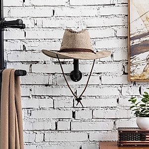 MyGift Set of 3 Wall Mounted Hat Rack Holder with Realistic Black Metal Pipe and Brown Wood, Hanging Entryway Hat Hooks and Wig Holder Rack