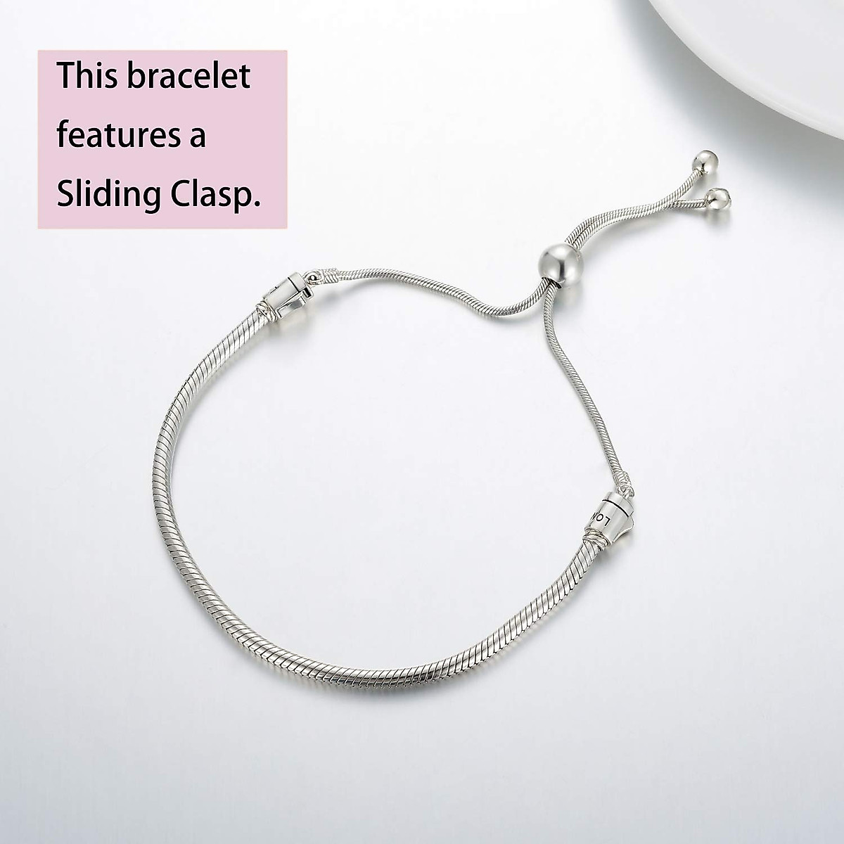 LONAGO Jewelry Moments Slider Snake Chain Charm Bracelet 925 Sterling Silver Sliding Clasp Adjustable Link Fit Snake Charm Bead Birthday Gift for Women Mom