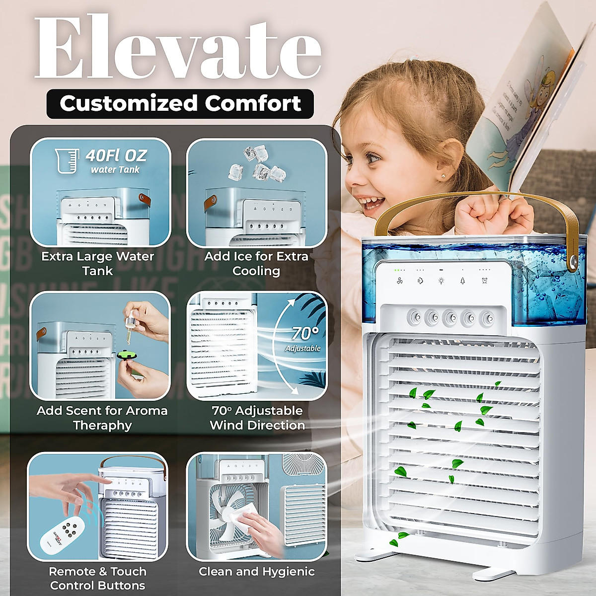 Portable Air Conditioner with Cooling Mist and Remote, Quiet comfort with 4 Speeds, XL 1200ml tank, Personal AC Fan with 5 Mists, 7 Night Lights, 2, 4, 6, 8H Timer, for Home, Office, White