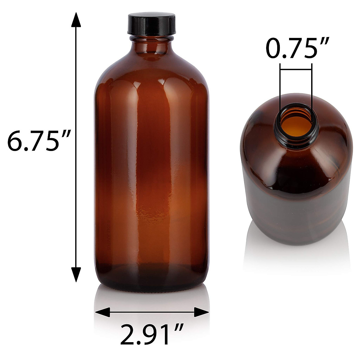 JUVITUS 16 oz Amber Glass Boston Round Bottle with Airtight Black Phenolic Cap (4 Pack)